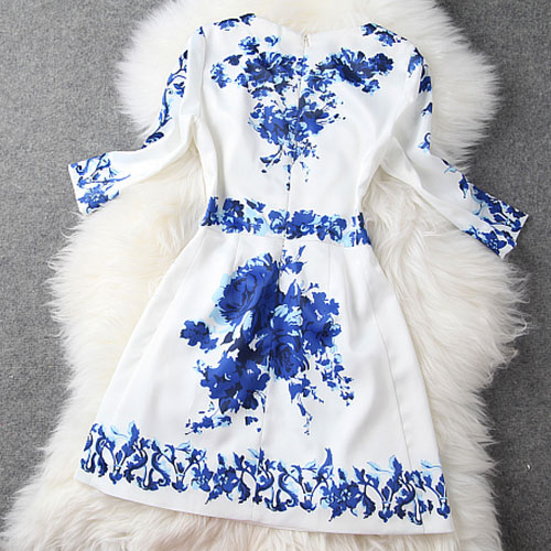 Half Sleeves Blue And White Porcelain Print Bodycon Dress [grxjy560966 ...