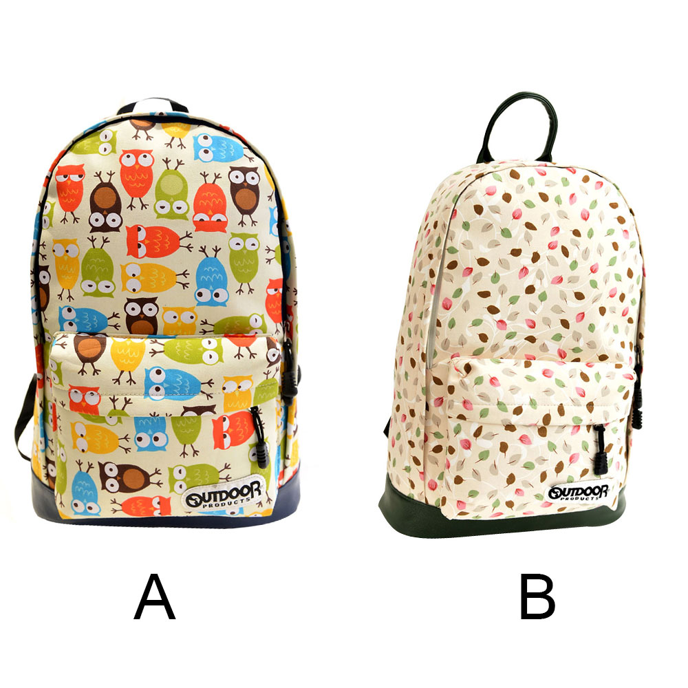 Mixed Color Printed Owl Leaf Shoulder School Travel Bag Backpack ...