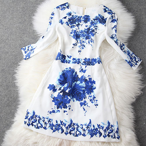 Half Sleeves Blue And White Porcelain Print Bodycon Dress [grxjy560966 ...