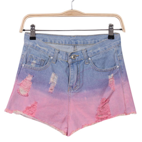 Retro Color Gradient Ripped High-waist Denim Shorts [grxjy561857] on Luulla